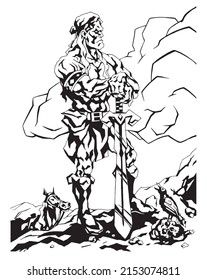 Barbarian Warrior Standing Sword Against Background Stock Vector ...