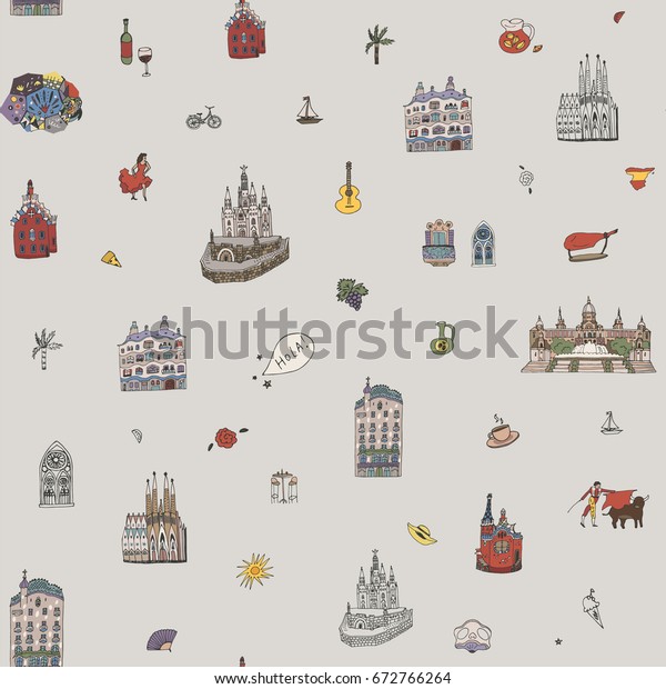 Barcelona Spain City Doodle Objects Cartoon: เวกเตอร์สต็อก (ปลอดค่า ...