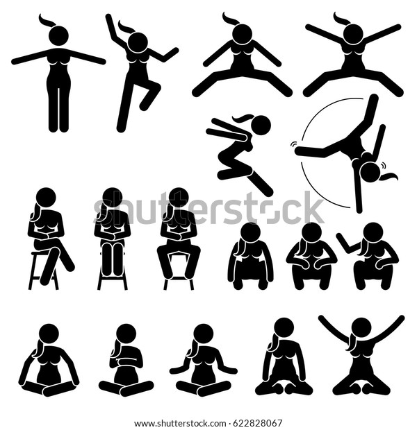 Basic Woman Jump and Sit Actions and Positions. Artworks depict a ...