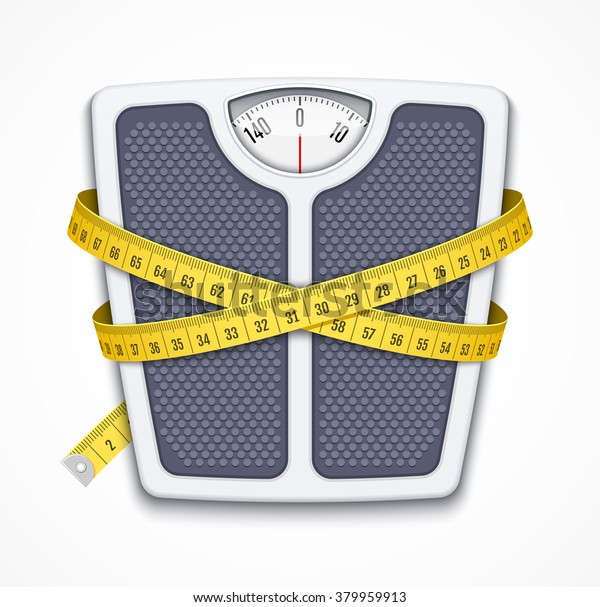 Bathroom scale with measuring tape. Realistic vector illustration