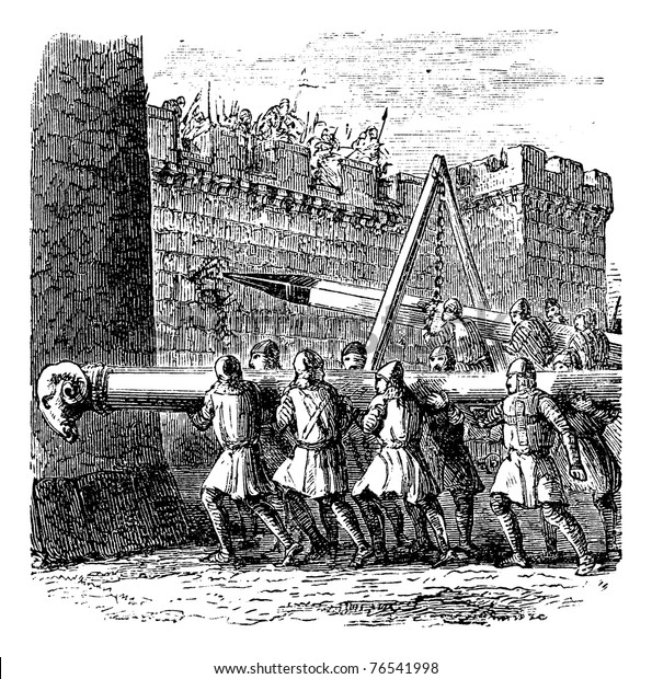 Battering Ram, vintage engraving. Old engraved illustration of ...