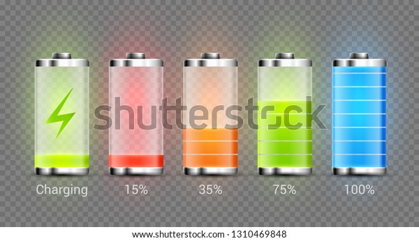 Battery charge full power energy level. Recharge battery indicator. Low ...