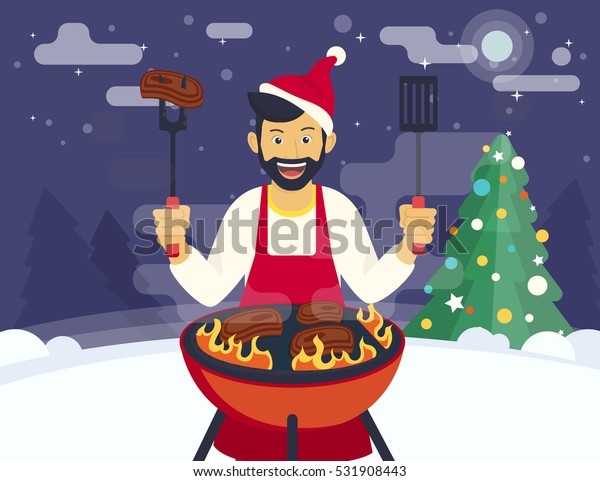 Bbq Xmas Holiday Party Flat Illustration Stock Vector (Royalty Free ...