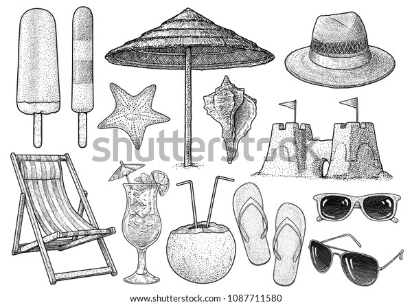 Beach Accessories Collection Illustration Drawing Engraving Stock ...
