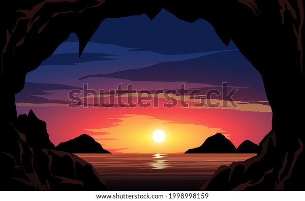 Beach Sunset Scene Cliff Rocks Stock Vector (Royalty Free) 1998998159 ...