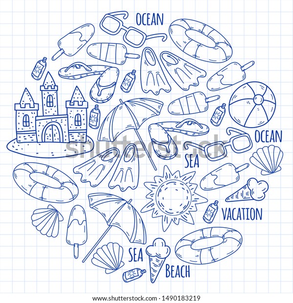Beach Theme Doodle Set Various Seaside Stock Vector (Royalty Free ...