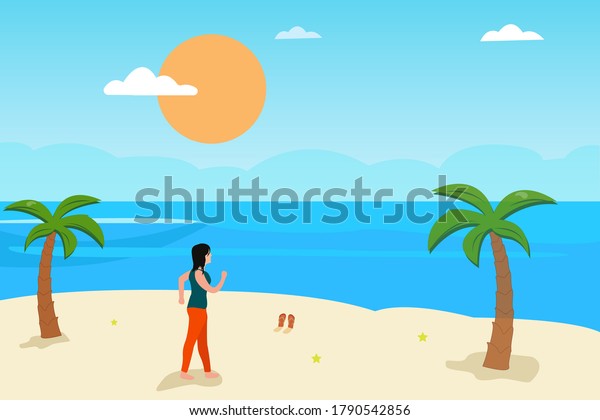 Beach Walk Vector Concept Woman Wearing Stock Vector (Royalty Free ...