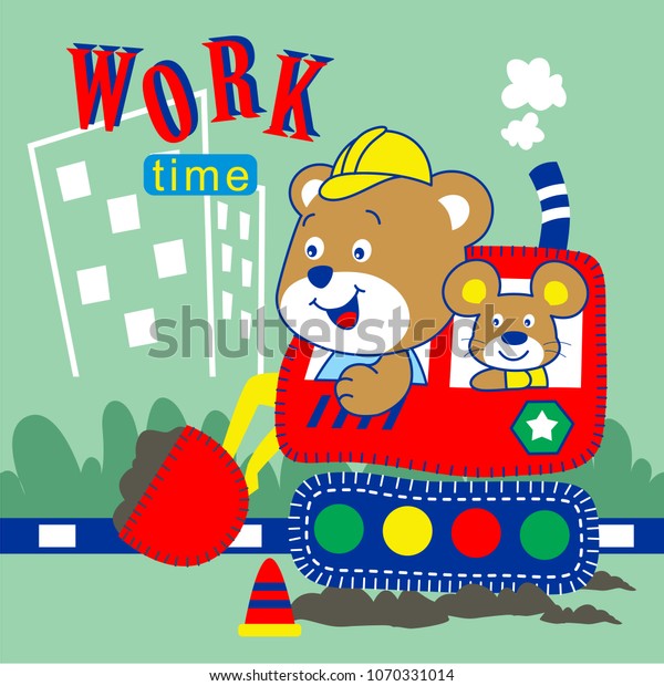 bear and mouse on a digger funny animal cartoon,vector illustration