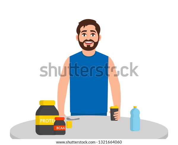 Bearded Male Athlete Drinks Protein Bcaa Stock Vector (Royalty Free ...
