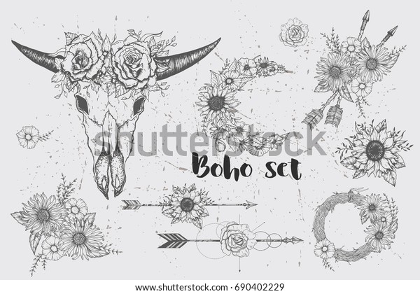 Beautiful Boho Elements Set Buffalo Skull Stock Vector (Royalty Free ...