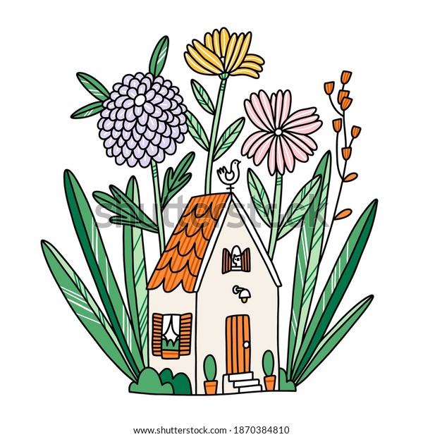 Beautiful Cartoon Tiny House Flowers Cat: เวกเตอร์สต็อก (ปลอดค่า ...