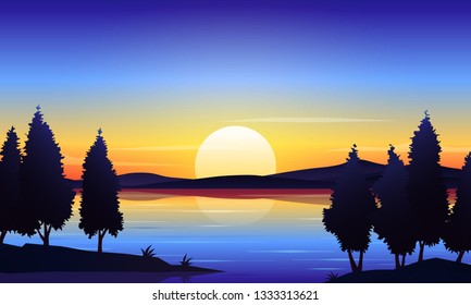 Beautiful Dawn Lake Landscape Vector Background Stock Vector (Royalty ...