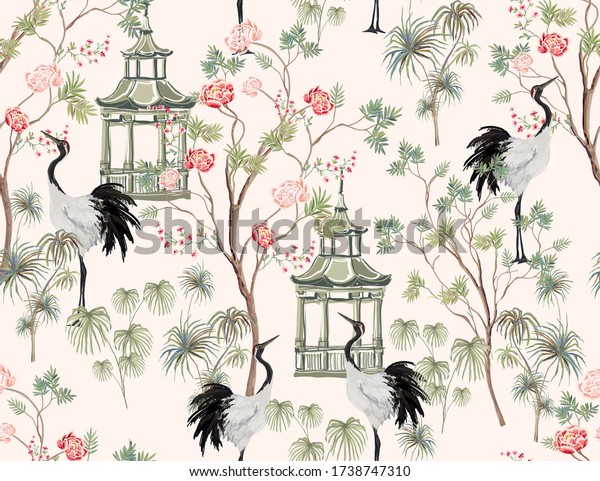 Beautiful Exotic Chinoiserie Seamless Pattern Hand Stock Vector ...
