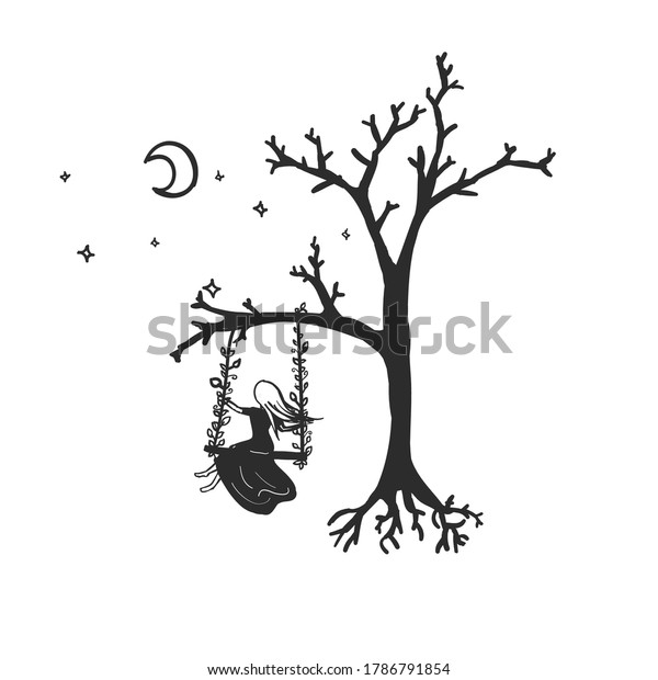Beautiful Girl On The Swing Looking At The Stars