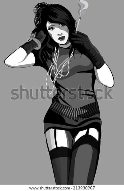 Beautiful Girl Smokes Cigarette Monochrome Vector Stock Vector Royalty