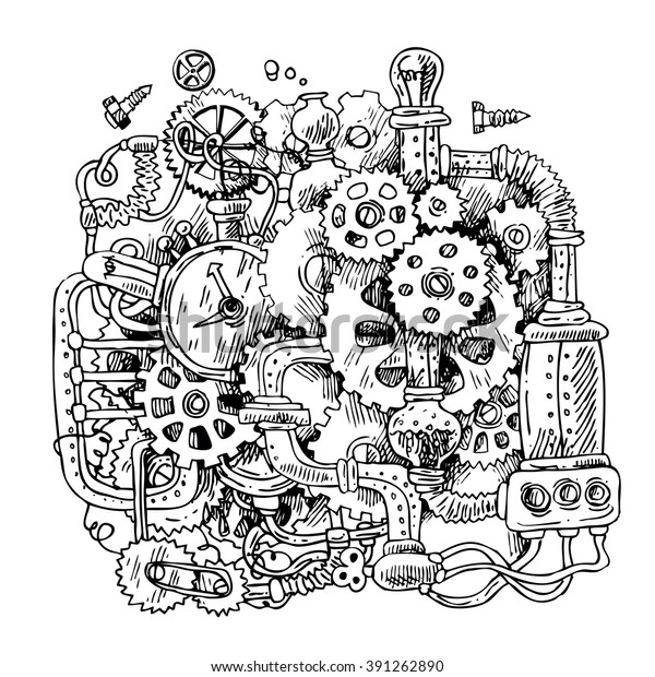 Beautiful Hand Drawn Sketch Steampunk Mechanism Stock Vector (Royalty ...