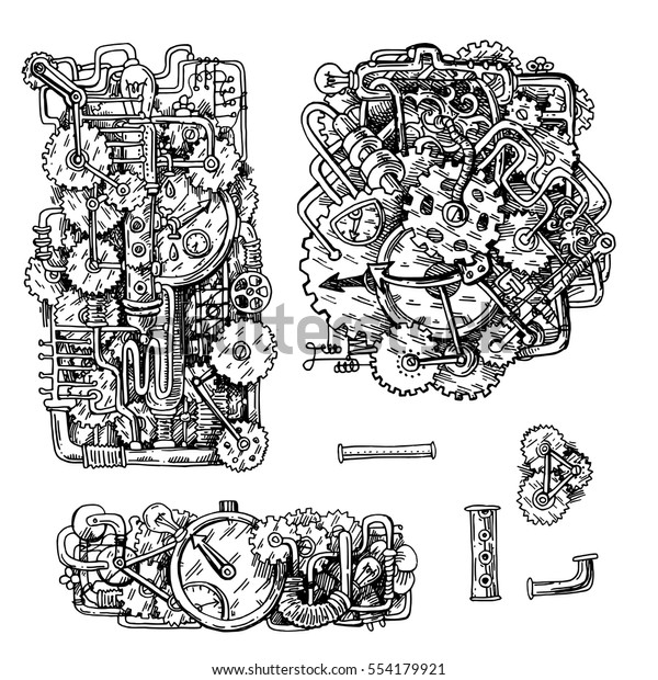 Beautiful hand drawn sketch steampunk mechanism. Time machine.