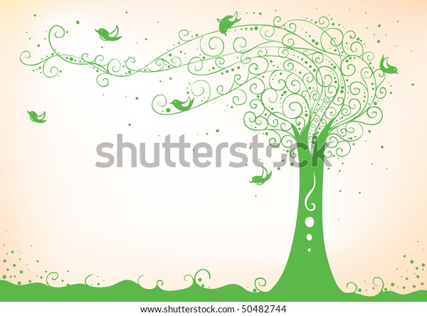 Beautiful Illustration Tree Curly Branches Birds Stock Vector (Royalty ...