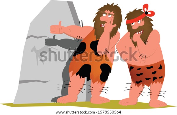 Beautiful Illustration Two Caveman Standing Planning Stock Vector ...