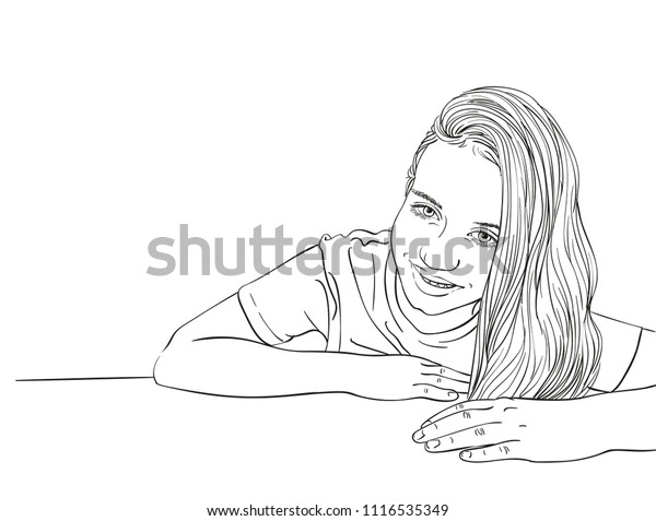 Beautiful Preteen Girl Portrait With Long Hair On One Side Sitting Behind Desk Vector Sketch