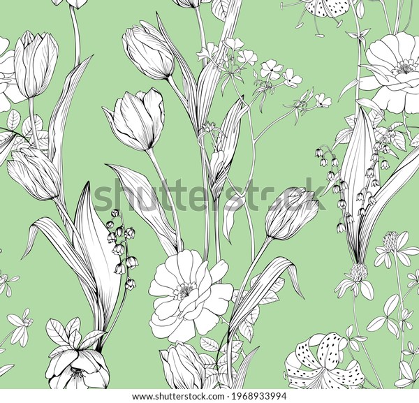 Beautiful Realistic Drawing Flowers On Green Stock Vector (Royalty Free ...