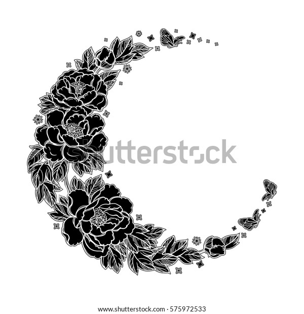 Beautiful romantic crescent moon with rose or peony flowers and leaves ...