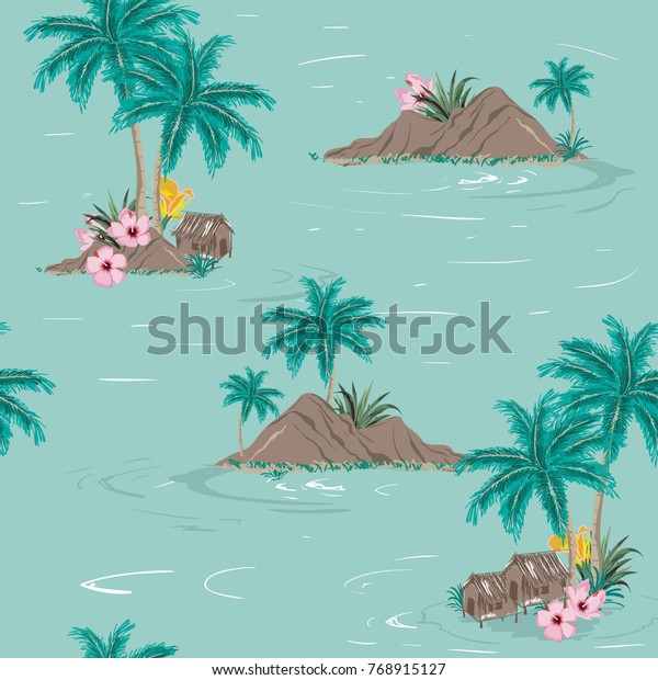 Beautiful Seamless Tropical Island Pattern On Stock Vector (Royalty ...