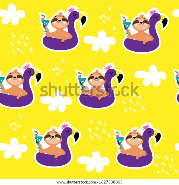 Beautiful Summer Sloth On Purple Flamingo Stock Vector (Royalty Free ...