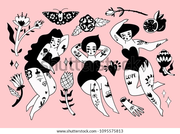 Hermosas mujeres tatuadas. Conjunto de vectores gráficos. Todos los ...
