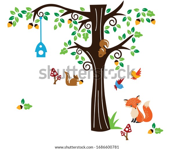 Beautiful Tree Birds Vector Illustration Wall Stock Vector (Royalty ...