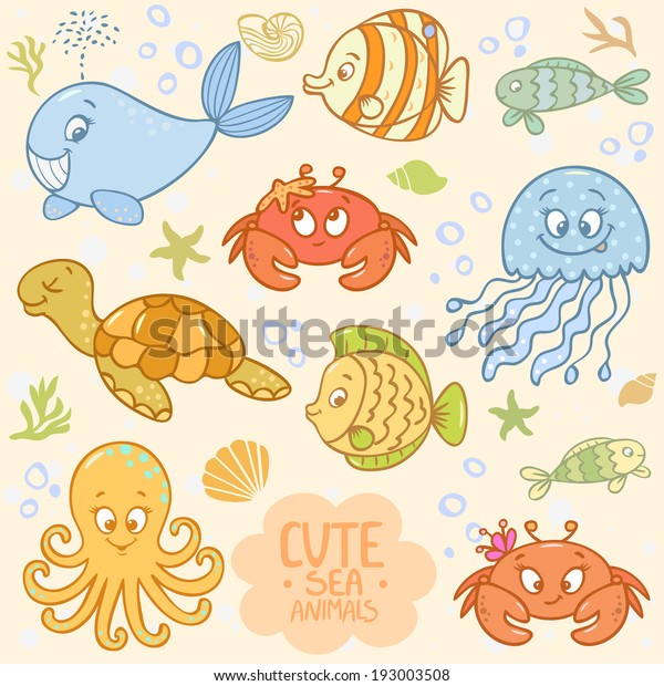Beautiful Vector Collection Cute Cartoon Marine Stock Vector (Royalty ...