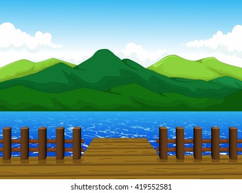 Beautiful View Dock Cartoon Mountain Landscape Stock Vector (Royalty ...