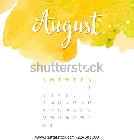 Beautiful Watercolor Calendar August Vector Illustration Stock Vector ...