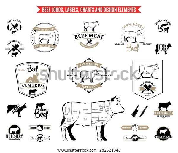 Beef Logos Labels Charts Design Elements 스톡 벡터(로열티 프리) 282521348