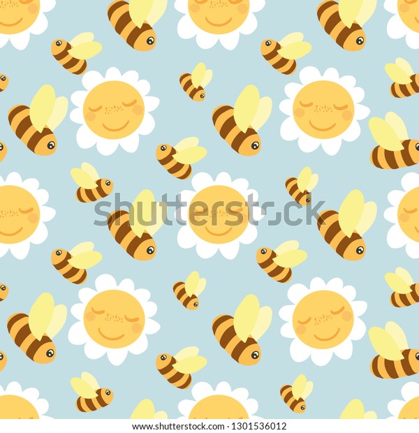 Bees are flying around daisies. On a blue background. Seamless pattern