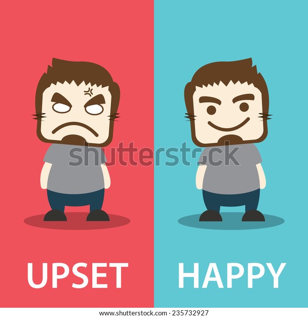 Before and after, unhappy man becomes very happy man. Vector ...