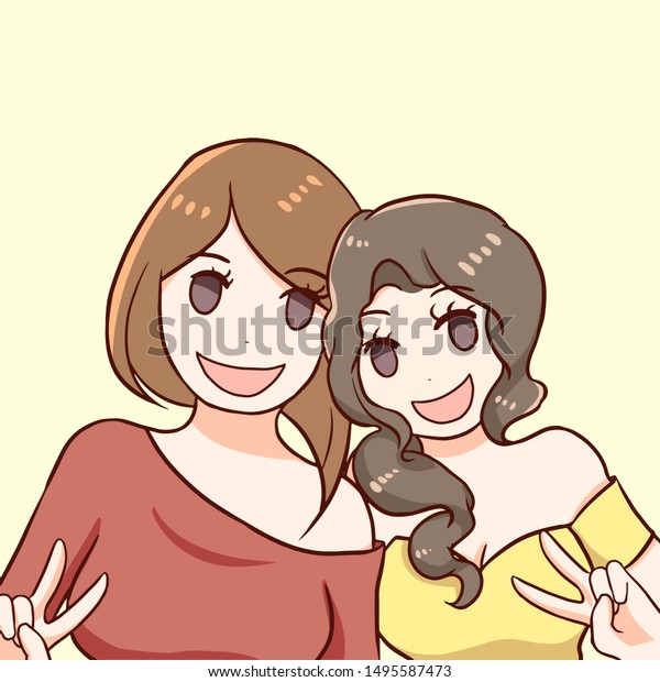 Best Friends Happy Smiling Two Girls: เวกเตอร์สต็อก (ปลอดค่าลิขสิทธิ์ ...