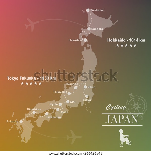 Bicycle way around Japan map in white transparency style lay over on ...