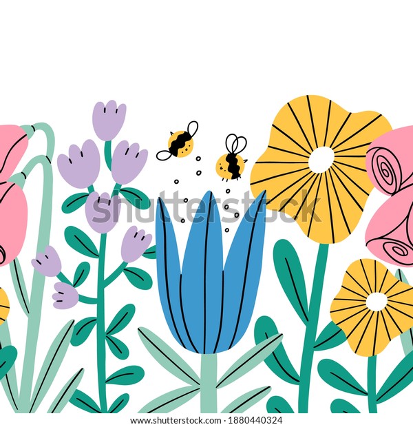 Big Cartoon Flowers Bees Seamless Composition Stock Vector (Royalty ...