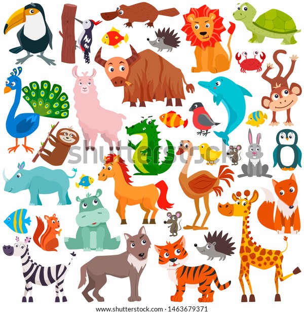 Big collection of cute cartoon animals. Vector flat illustration.