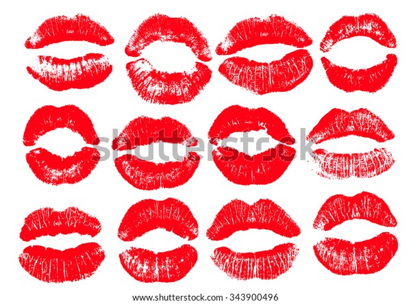 Big print set of red lips. Vector illustration on a white background. EPS