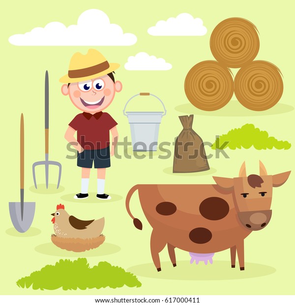 Big set of cartoon farm elements and characters. Vector illustration ...