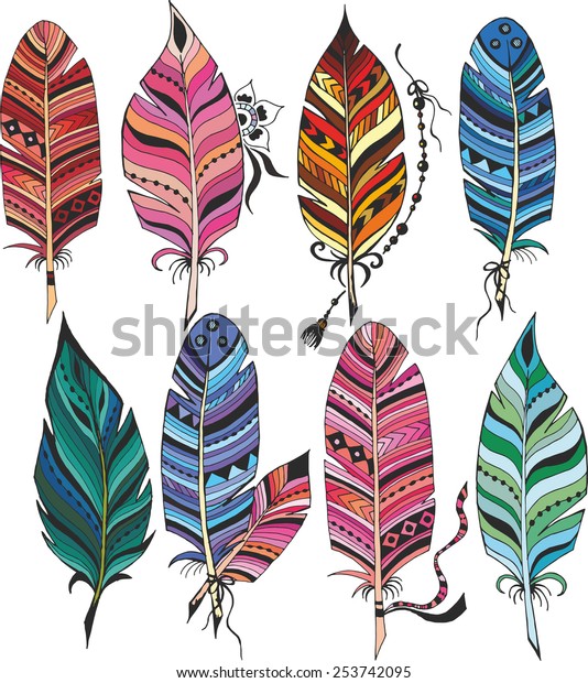 Big Set Colorful Feathers Stock Vector (Royalty Free) 253742095 ...