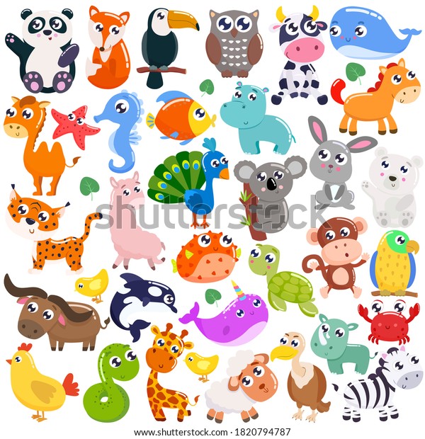 Big Set Cute Cartoon Animals Vector Stock Vector (Royalty Free ...