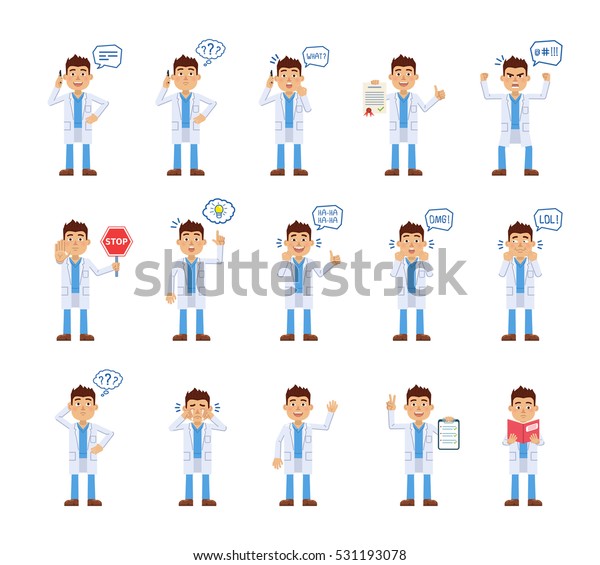 Big set of doctor characters showing different actions. Cheerful doctor ...