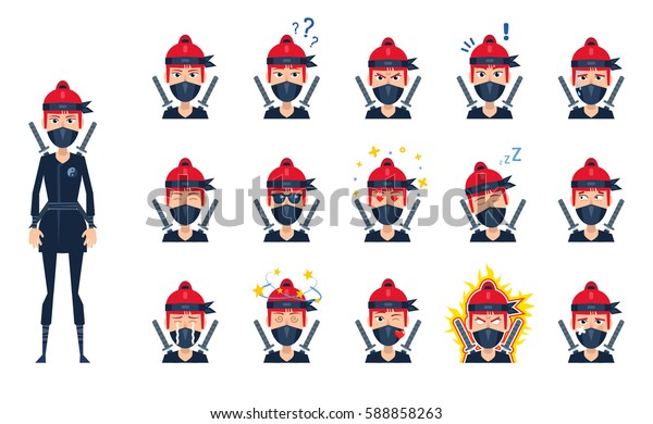 Big set of female ninja emoticons. Ninja emojis showing different ...