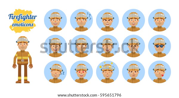 Big Set Firefighter Emoticons Fireman Emojis 스톡 벡터(로열티 프리) 595651796 ...