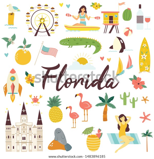 Big Set Florida Icons Symbols Landmarks Stock Vector (Royalty Free ...