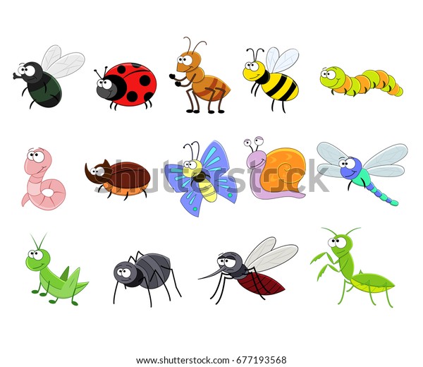 Große Menge lustiger Cartoon-Insekten. Vektorinsekten. Biene, Wurm ...
