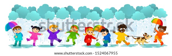 Big Set Kids Play Rain Happy: เวกเตอร์สต็อก (ปลอดค่าลิขสิทธิ์ ...